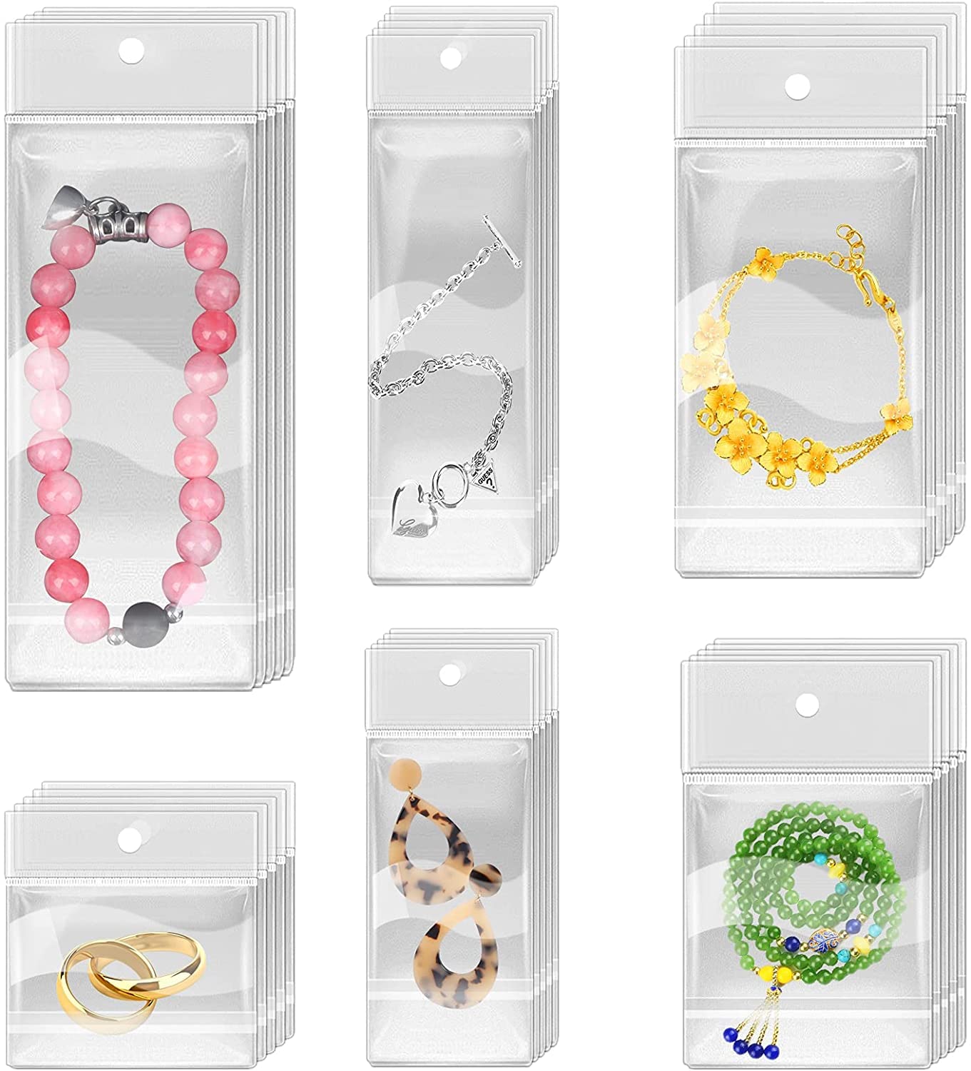 600 Pieces Self-Sealing Bag with Hang Hole 6 Sizes Clear Hanging Bags Resealable Cellophane Bags Clear Adhesive Plastic Bags for Packaging Jewelry Necklaces