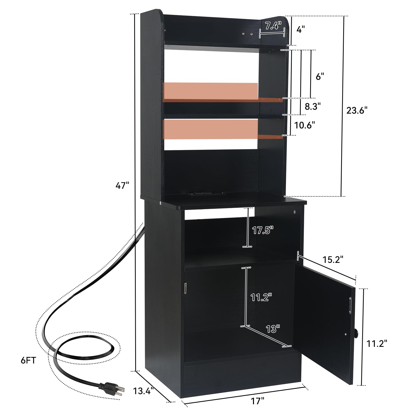ARTETHYS Tall Nightstand Set of 2 with Charging Station and LED Light 47" Black Night Stand with Storage and Adjustable Bookshelf for Bedroom, Home Office