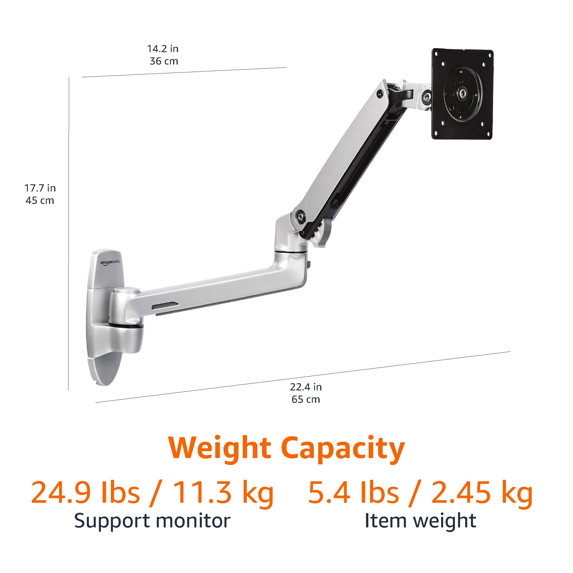 Amazon Basics Wall Mount Computer Monitor and TV Stand - Lift Engine Arm Mount, Aluminum – Silver