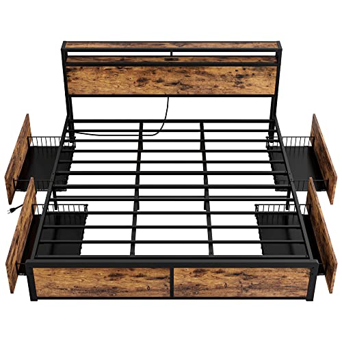 LIKIMIO King Bed Frame with Storage Drawer, 2-Tier Storage Headboard with Charging Station, No Box Spring Needed, Easy Assembly, Vintage Brown