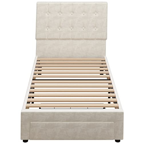 LIKIMIO Twin Bed Frame with XL Under-Bed Drawer, Velvet Upholstered Platform Bed Frame with Headboard, No Box Spring Needed/Noise-Free, Beige