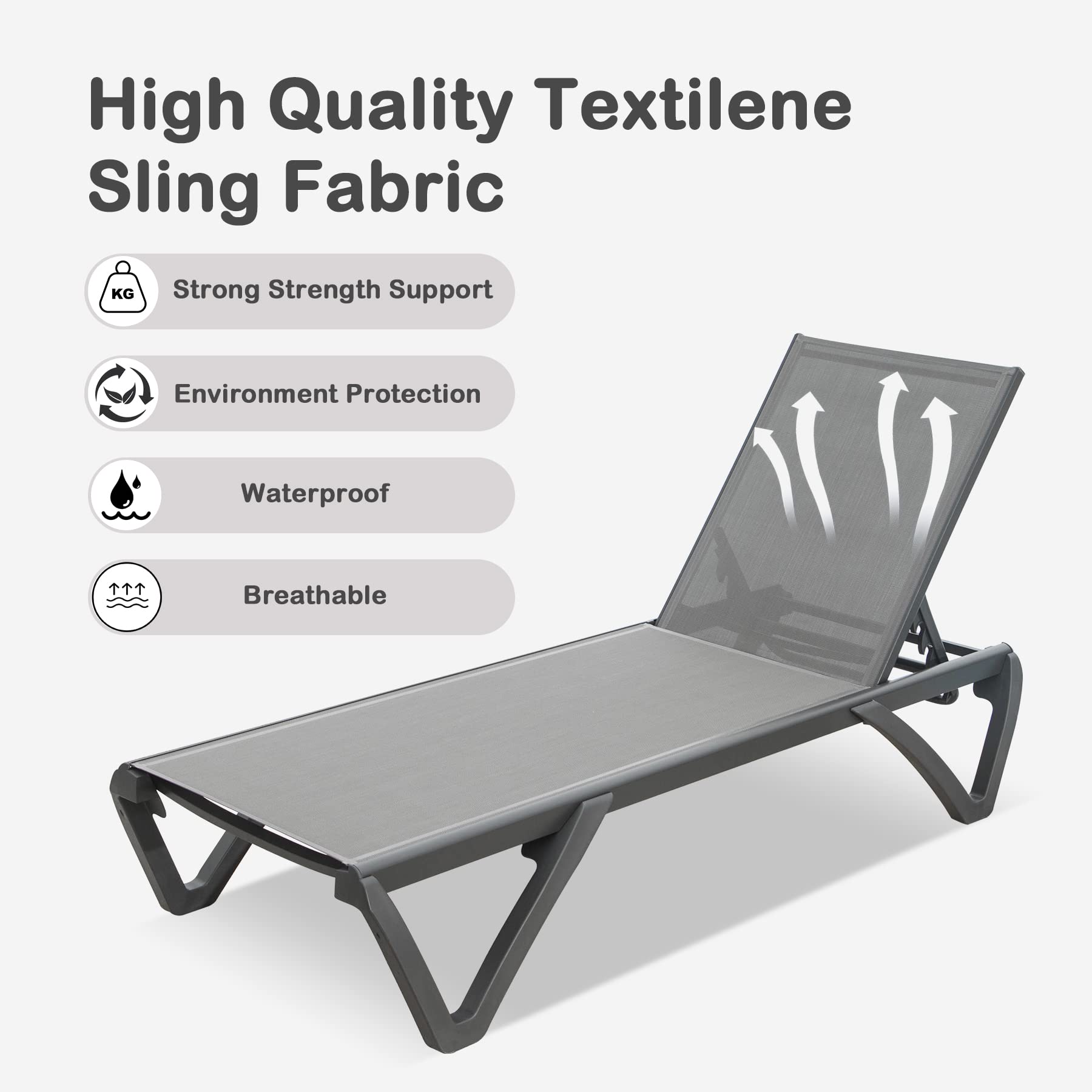 Domi Outdoor Chaise Lounge Set of 2,Pool Lounge Chair,Aluminum Sling Lounge Chairs for Outside with 5 Adjust able Positions (2 Grey Lounges W/O Table)