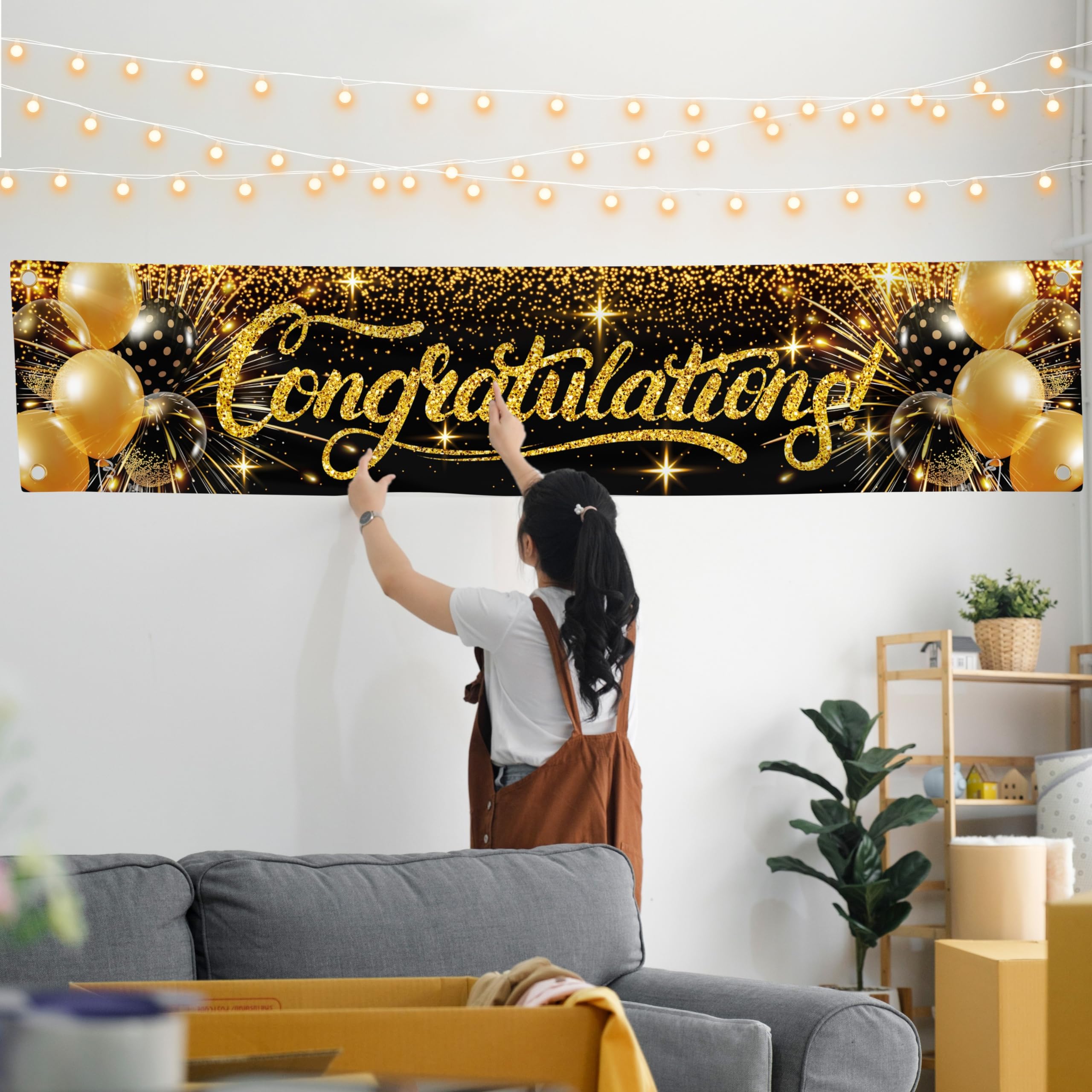 Congratulations Banner - Congratulations Decorations - We are so Proud of You banner - Well Done Banner - Graduation Banner - Graduation Decorations for Prom - 6 x 1.3ft (Black and Gold)