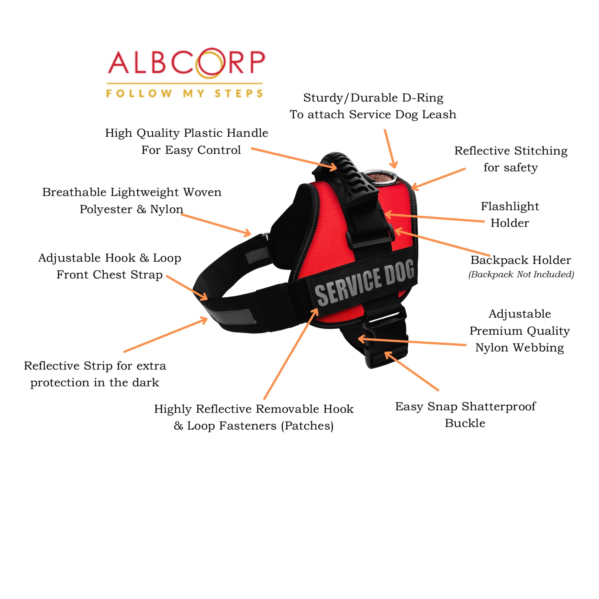 ALBCORP Service Dog Vest Harness - Reflective - Woven Polyester and Nylon, Comfy Mesh Padding - Sizes from XXS to XL β Service Dog Patches Included. Red Camo, Large