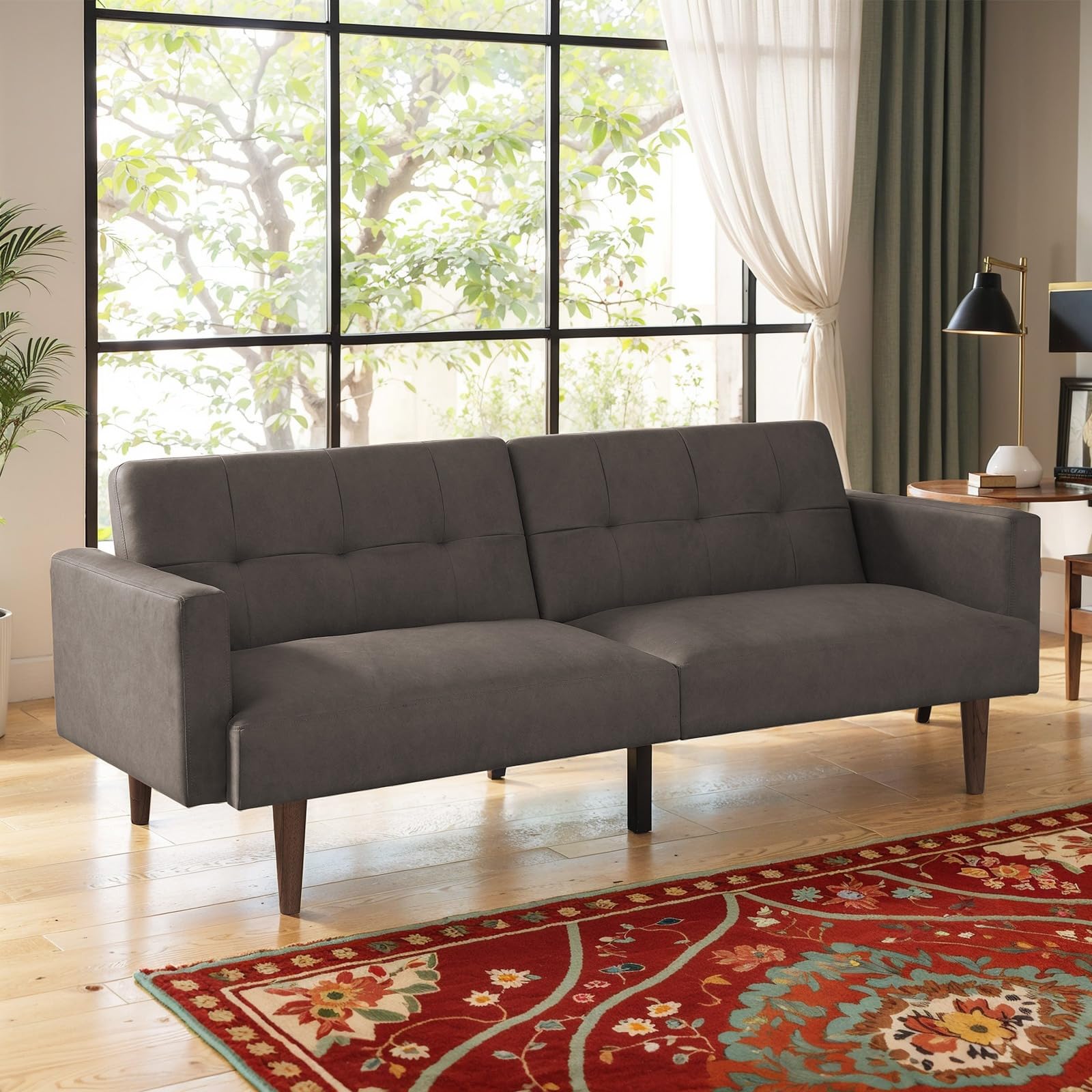 Artfurniz Folding Futon Sofa Bed: Reclining Sleeper Loveseat Convertible Modern Faux Leather Couch for Living Room Bedroom Apartment Solid Wood Leg, Dark Grey