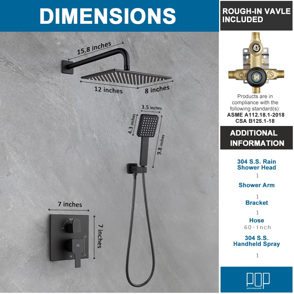 POP SANITARYWARE Matte Black Shower Faucet Set Complete Bathroom Rainfall 10 Inch Shower Head System with Handhled Single Handle Shower Trim Kit with Valve