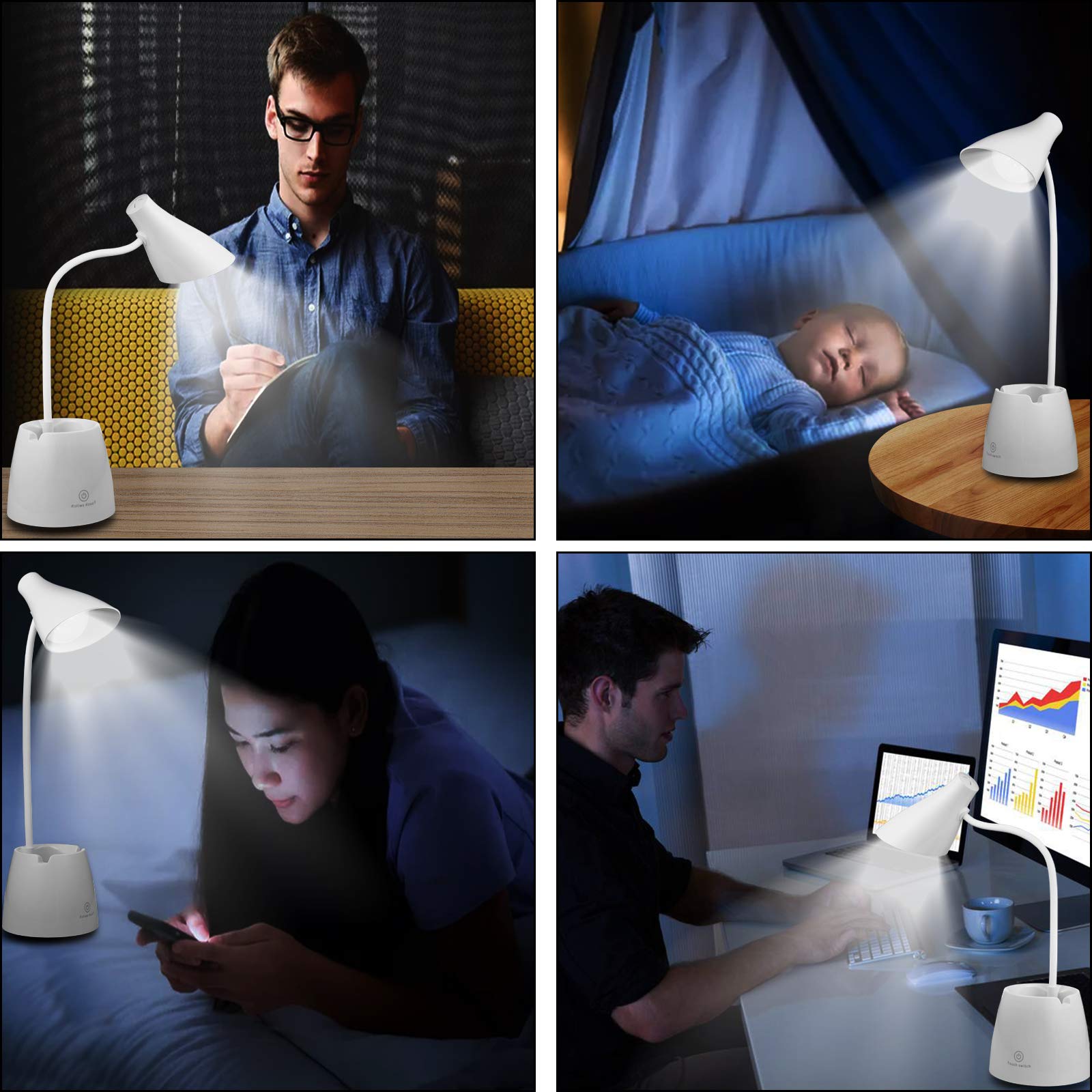 AIBAI Small Desk Lamp, Kids Desk Lamp with Pen Holder & Mobile Phone Stand, 3 Lighting Modes for Reading Kids Dorm& Mobile Phone Stand for Reading Dorm Home Office (White)