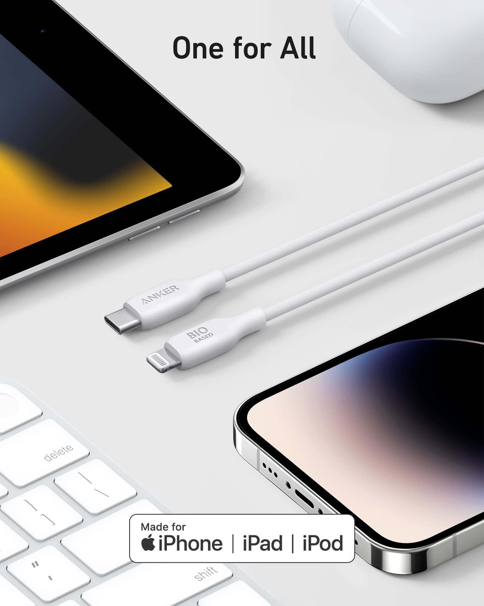 Anker 543 USB C to USB C Cable (100W 6ft), USB 2.0 Bio-Based Charging Cable USB-C to Lightning Cable, 541 Cable (100W 6ft), MFi Certified, Bio-Based Fast Charging Cable(Aurora White)