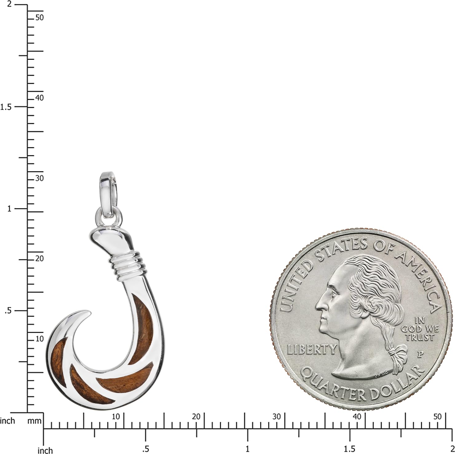 925 Sterling Silver Hawaiian Koa Wood Tree Inlay Fish Hook Necklace Pendant with 18" Box Chain, Nickle Free Hypoallergenic for Sensitive Skin, Gift Box Included (Koa Wood - Moana)