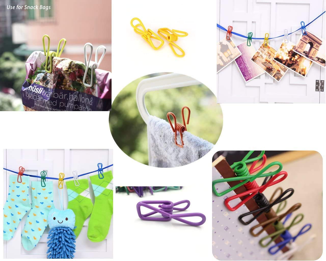 Chip Clips, 20 Pcs 2 Inch 10 Different Random Colors Utility Metal Clips PVC-Coated High Elasticity Good Persistence for Clothespins Paper Clips Food Clips Bag Clips Clothes Pins (Mixed Colors 20pcs)