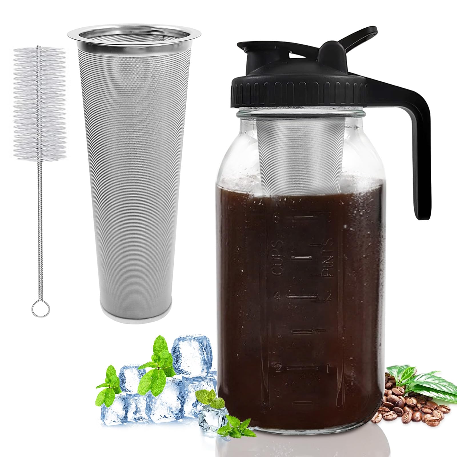 64oz Cold Brew Coffee Maker, Cold Brew Mason Jar Pitcher With Lid & Heavy-Duty Stainless Steel Filter & Brush for Iced Coffee, Tea, Juice