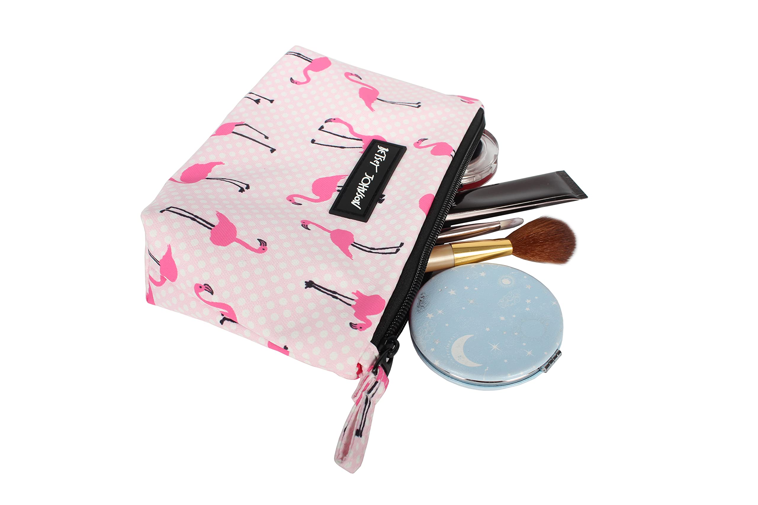 Betsey Johnson 8.5 Inch Zipper Cosmetic Pouch Small Toiletry BagâLightweight Durable Polyester Organizer with Inner Zipped Pocket Good For Makeup Accessories and Travel Needs (Flamingo Strut)
