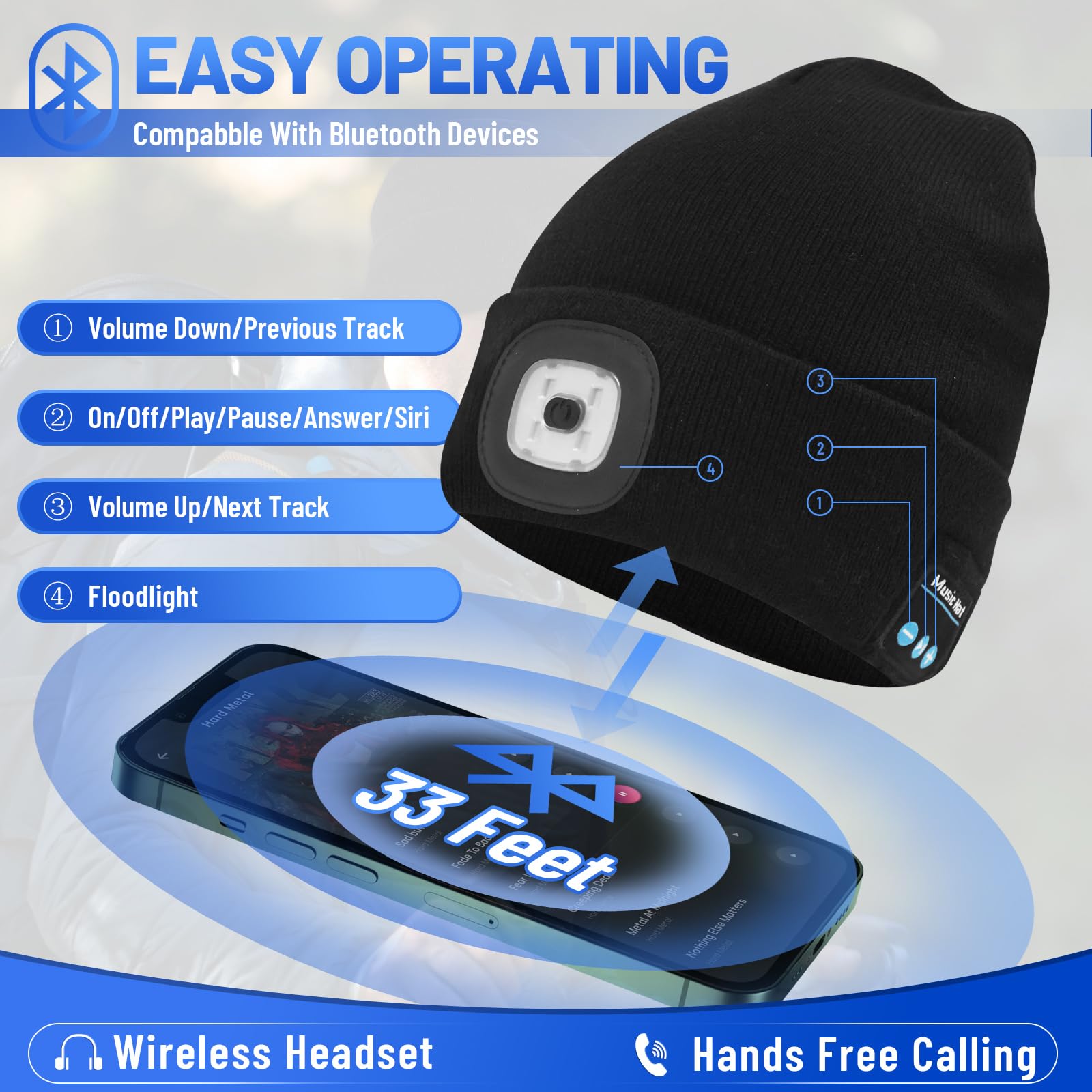 Keains Bluetooth Beanie with Light, Musical Knit Hat with Headphones and Built-in Speaker Mic, Gifts for Men Women Dad Pink