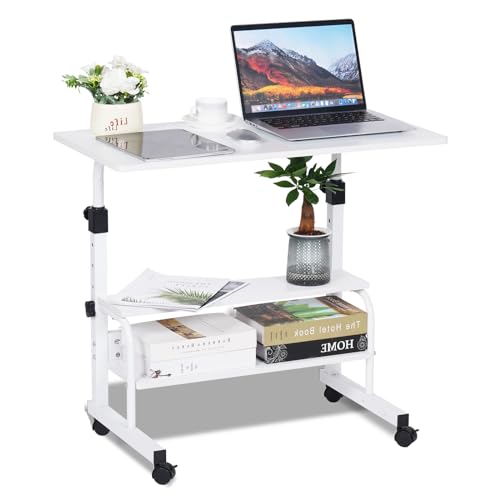 Adjustable Height Rolling Portable Desk with Wheels, Small Standing Desk Mobile 32 Inch Computer Desk for Small Space, Work Desk for Home Office with Storage Laptop Table Study Student Desk White