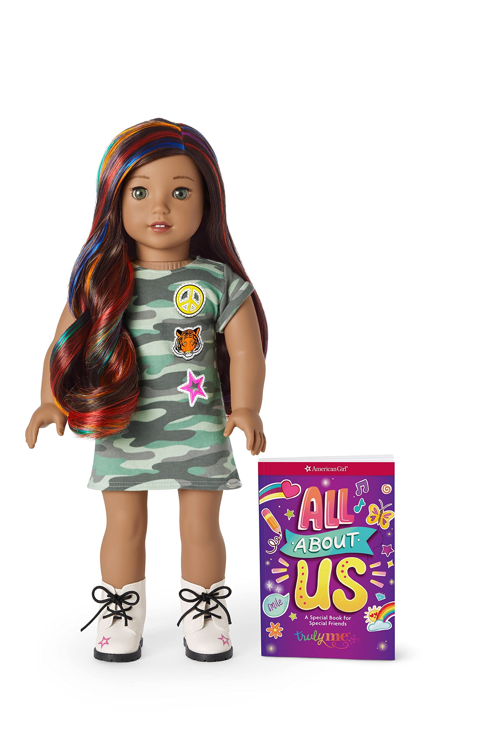 American Girl Truly Me 18-inch Doll #120 with Hazel Eyes, Dark-Brown Hair w/Highlights, Tan Skin, T-shirt Dress, For Ages 6+