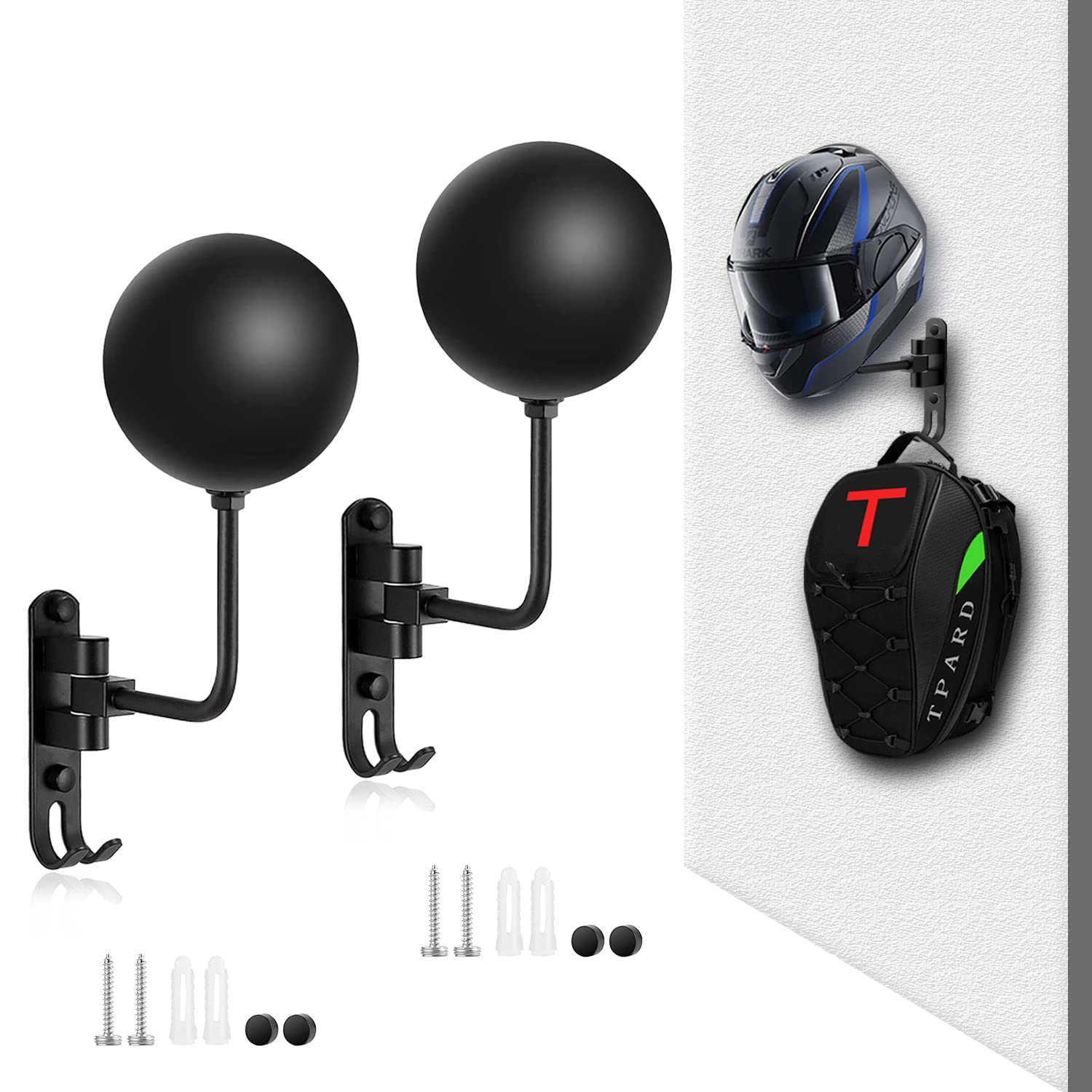 TPard Motorcycle Helmet Holder Wall Mount Helmet Rack 180° Rotation Helmet Hanger with 2 Hooks, 2 Pack