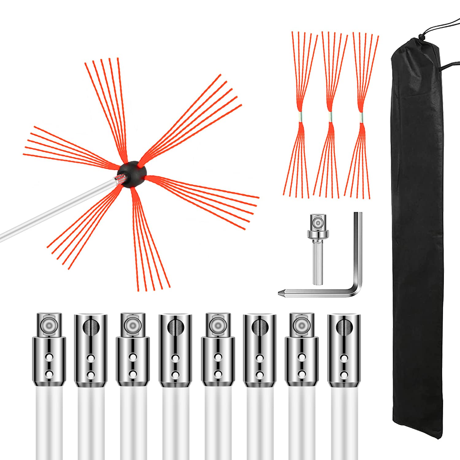 CLLVGOKD Chimney Sweep Kit 26FT Chrome Button Locking System Chimney Cleaning kit with 8 Reinforced Nylon Flexible Rods Snap Locking 45 Degree Angle Driven by Drill for Fireplace Flue Home Use