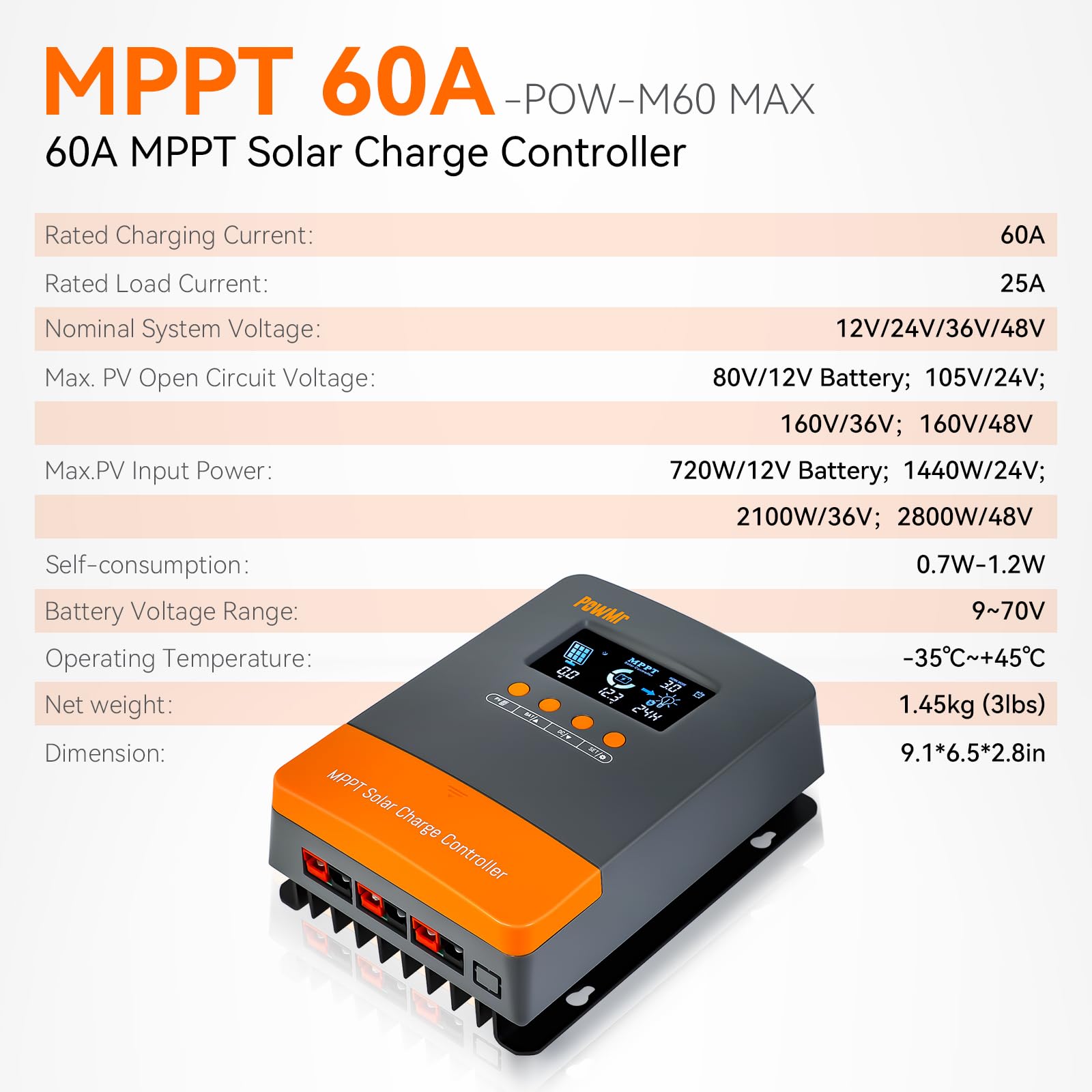 60A MPPT Charge Controller 12V 24V 36V 48V Auto, Solar Charge Controller Regulator 60amp w/Large LCD Display & 10AWG Solar Extension Cable 10 Feet