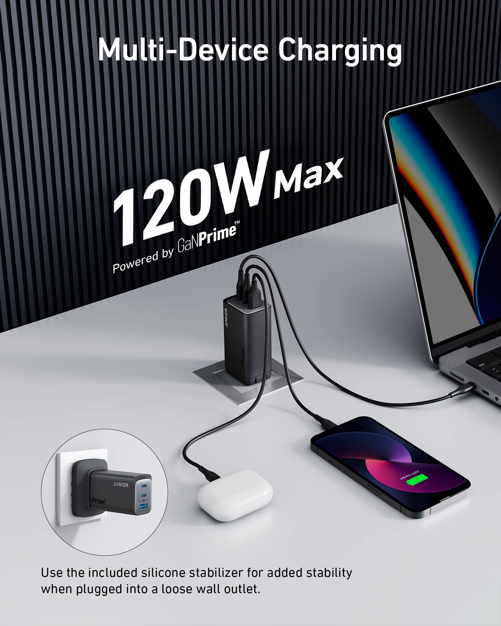 Anker USB C Hub, 556 USB-C Hub (USB4, 8-in-1) with 1.6ft USB4 Cable, 10 Gbps USB-C and USB-A Data Ports & USB C Charger, Anker 737 Charger GaNPrime 120W & New Nylon USB C to USB C Cable 100W 10ft