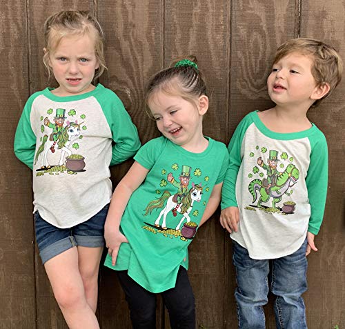 St. Patrick's Day Dinosaur Kids T-Shirt/or Unisex 3/4 Sleeve Baseball Tee (White with Green Sleeves, 4T)
