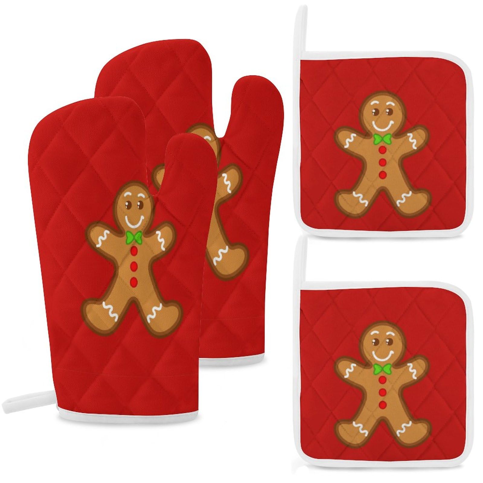4PCS Oven Mitts and Pot Holders Sets, Sweet Xmas Gingerbread Red Oven Mitts Set Heat Resistant Kitchen Microwave Gloves Safe for Baking,Cooking, BBQ