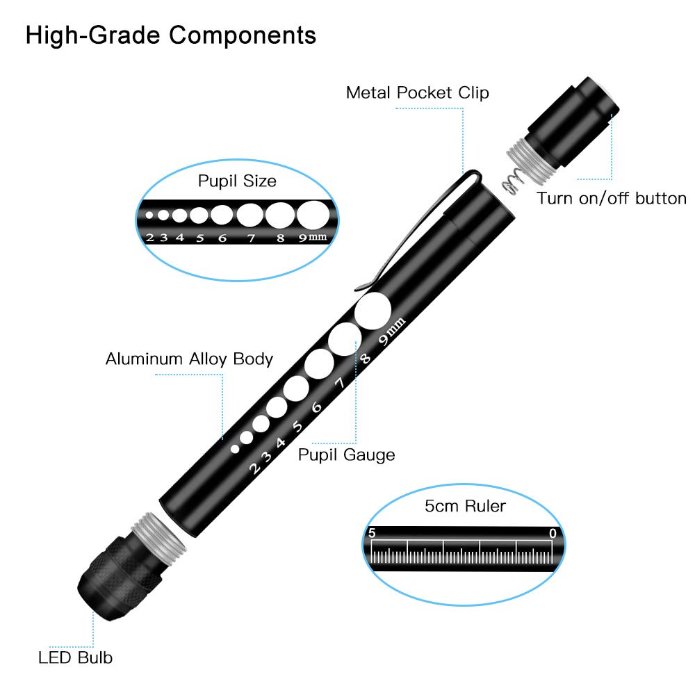Opoway Pen Light Nurse Pen Light Medical Pen Lights with Pupil Gauge for Nurses Doctors Nursing Students 2pcs Black with Batteries(2 Replacement Warm Light Bulbs Included)