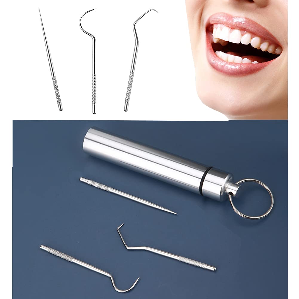 Angzhili 3 Pcs/Set Stainless Steel Toothpicks Kit,Reusable Tooth Picks Set,Portable Pocket Toothpick,Travel Toothpicks with Holder for Travel, Outdoor