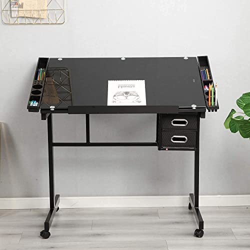 SogesHome Adjustable Drafting Table, Drawing Board Art & Craft Desk Folding Art Desk, with Side Tray, 4 Universal Lockable Casters, Black