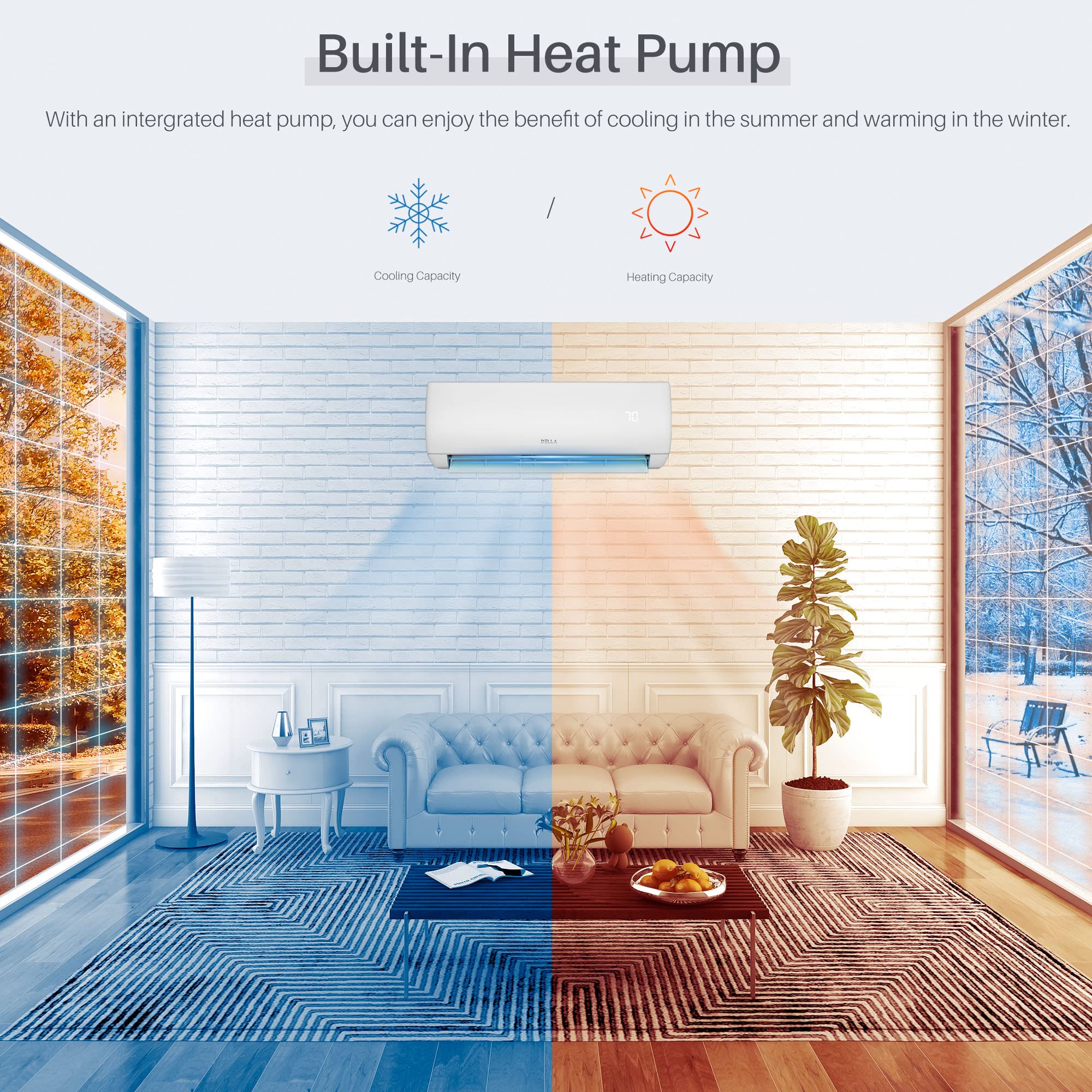 DELLA Motto Series 12000 BTU Wifi Enabled Mini Split Air Conditioner & Heater Ductless Inverter System, 17 SEER, 9 HSPF 208-230V Energy Efficient Unit with 1 Ton Heat Pump, Cools Up to 550 Sq. Ft.