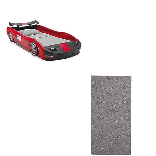 Delta Children Sport Race Car Twin Bed, Red Snooze 6 inch Memory Foam Twin Mattress (Bundle)