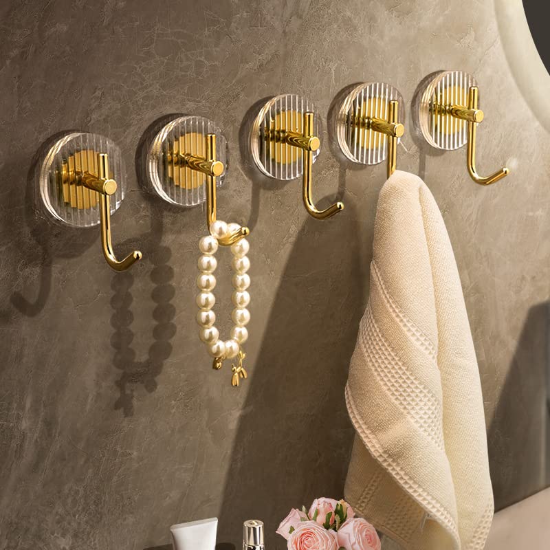 COCOYA 4Pack Adhesive Towel Hooks, Easy Install Acrylic Stainless Steel Heavy Duty Waterproof Rustproof Modern Decorative Cute Bathroom Bedroom Gold Wall Hooks for Hanging Include Strong Adhesive