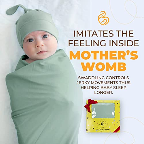 LUBELLA SUPPLY COMPANY Stretchy Swaddle Blankets for Baby Boy & Girl - Newborn Swaddles 0-3 Month - Large 47" Bamboo Swaddle Blankets and Hat Set (Sage Green)