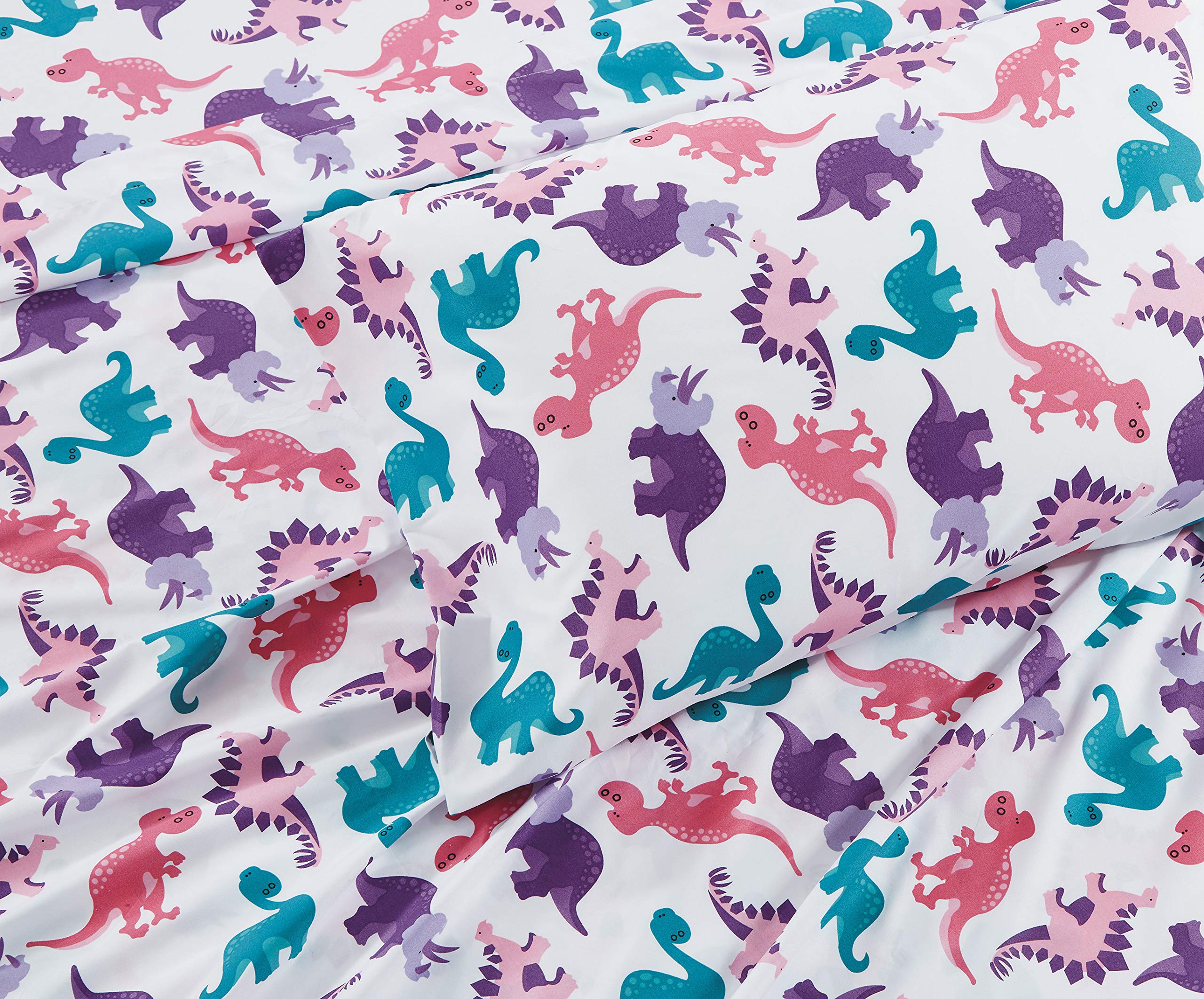 Better Home Style Multicolor Pink Blue Purple Dinosaurs Design for Girls/Kids/Teens 3 Piece Sheet Set with Pillowcase Flat and Fitted Sheets # Dinosaur Land Pink (Twin)