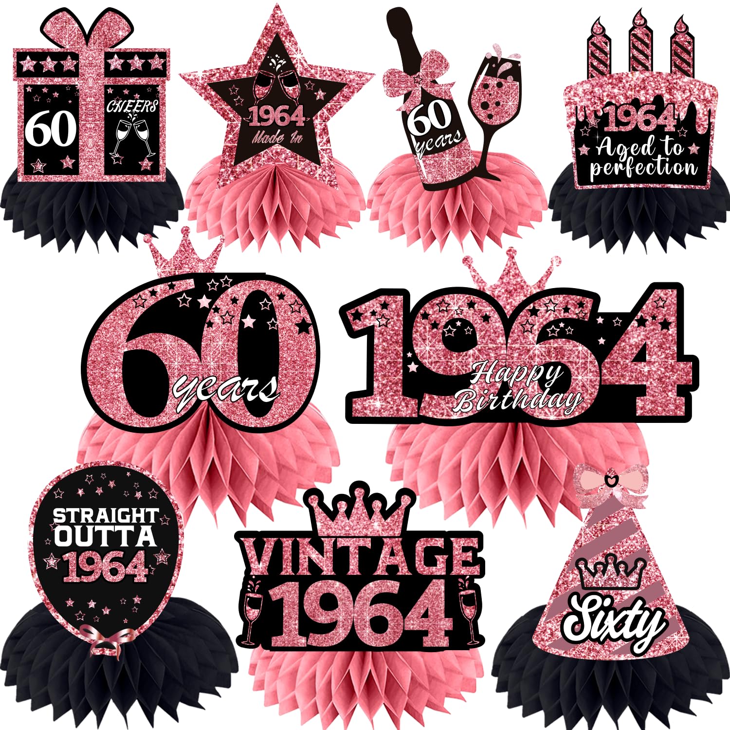 9pcs 60th Birthday Centerpieces for Tables, Rose Gold Cheers to 60th Honeycomb Centerpieces Women Vintage 1964 Birthday Decorations Aged To Perfection Sixty Birthday Decorations Table Toppers cocomigo