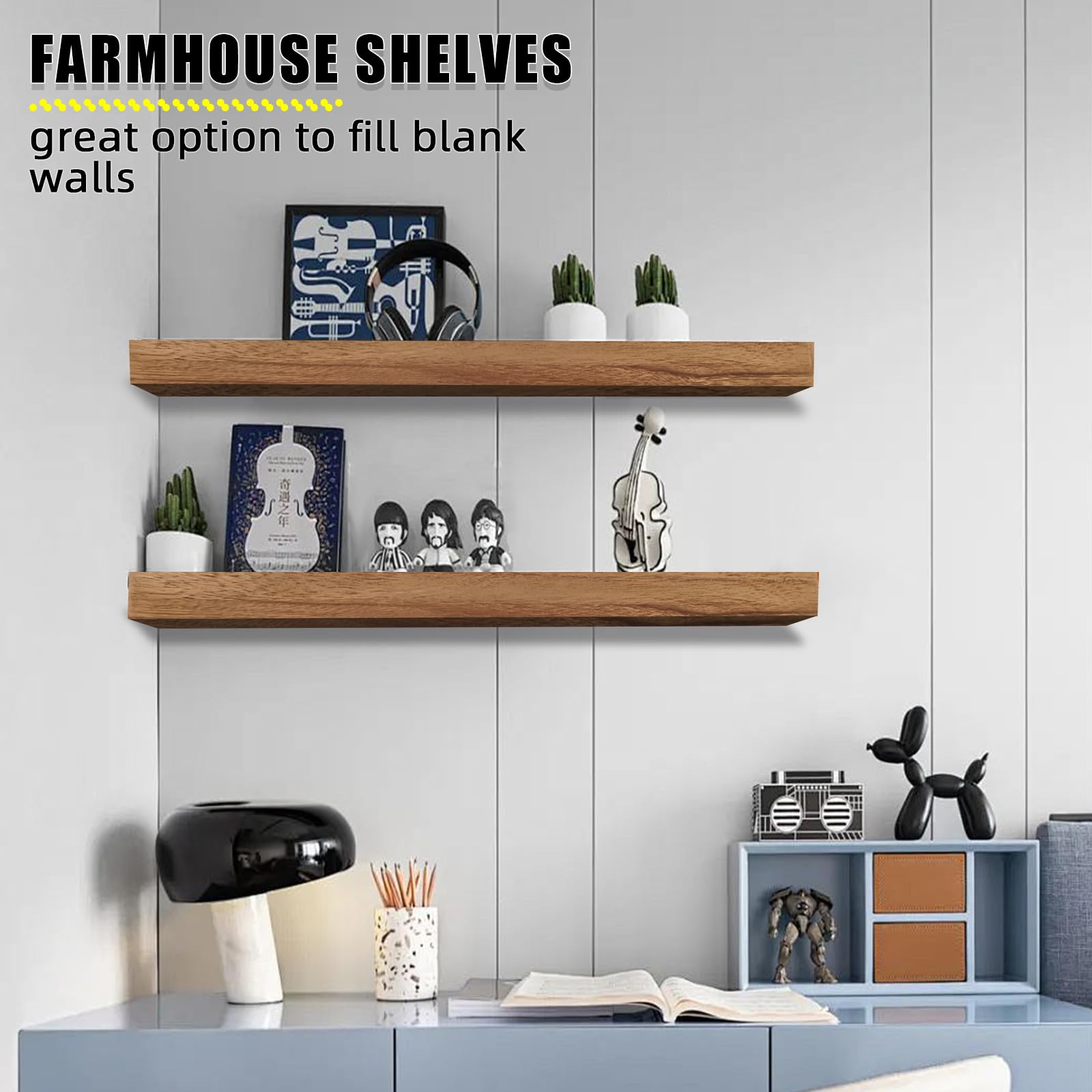 Beneouya 24 Inch Floating Shelves, Bathroom Wooden Shelves for Wall Mounted, Rustic Farmhouse Floating Shelves, Solid Wood Wall Shelves for Storage, Set of 2,White