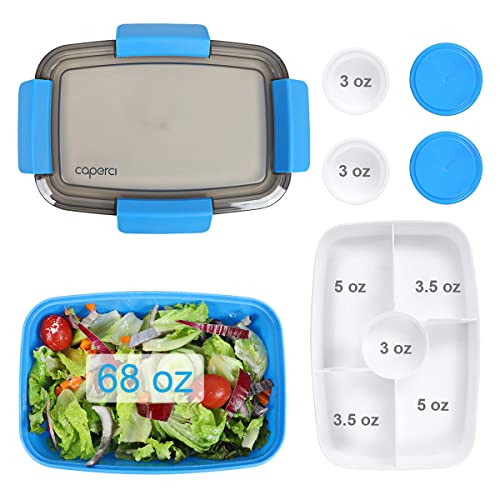 Caperci Salad Lunch Container with 68 oz Salad Bowl - Large Adult Bento Lunch Box, 5-Compartment Bento-Style Tray for Toppings, 2pcs 3-oz Sauce Cups for Dressings, Stackable, BPA-Free (Blue)