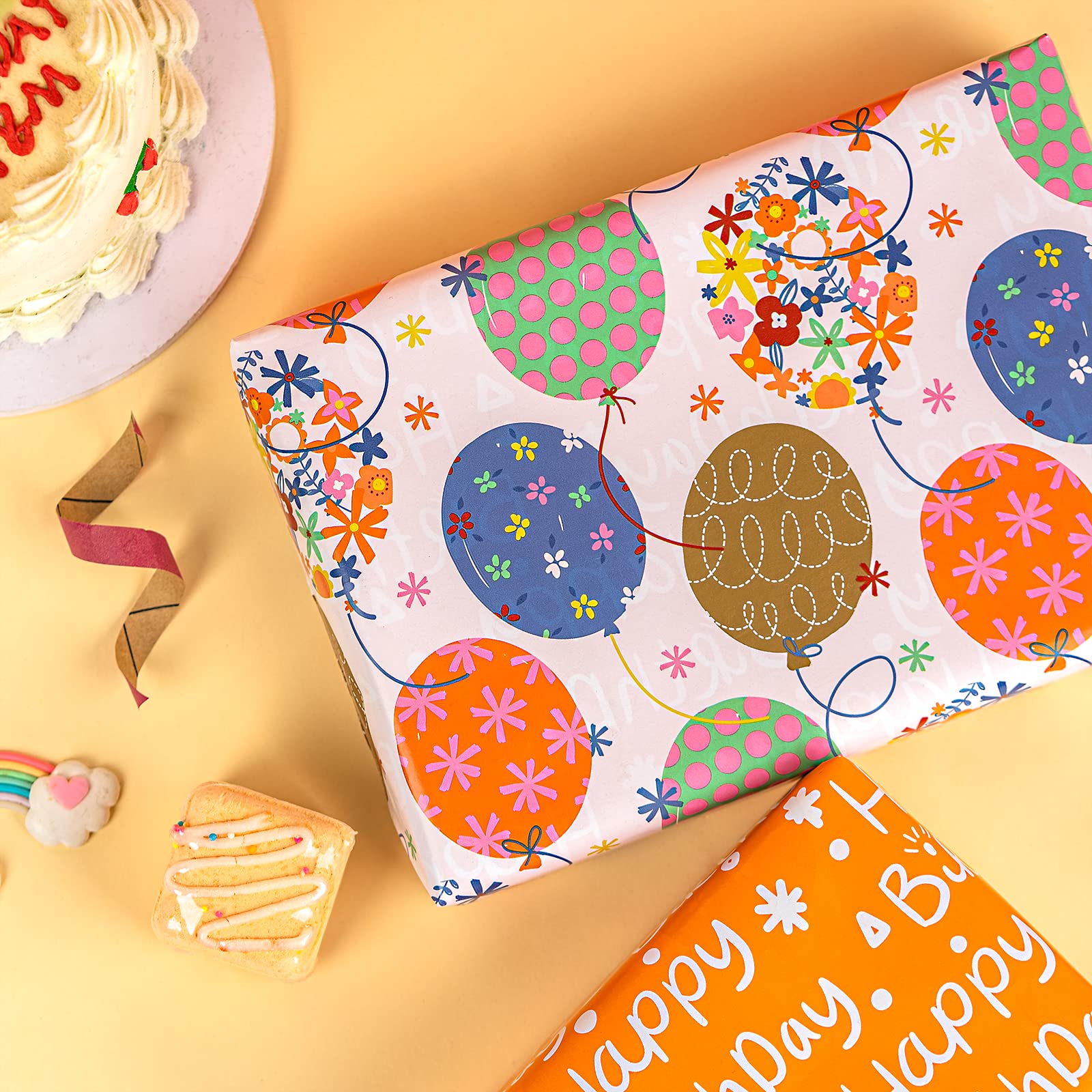 LeZakaa Reversible Birthday Wrapping Paper Roll - Flower Balloon & Happy Birthday Lettering - 17 inches x 32.8 Feet (46.45 sq.ft.)