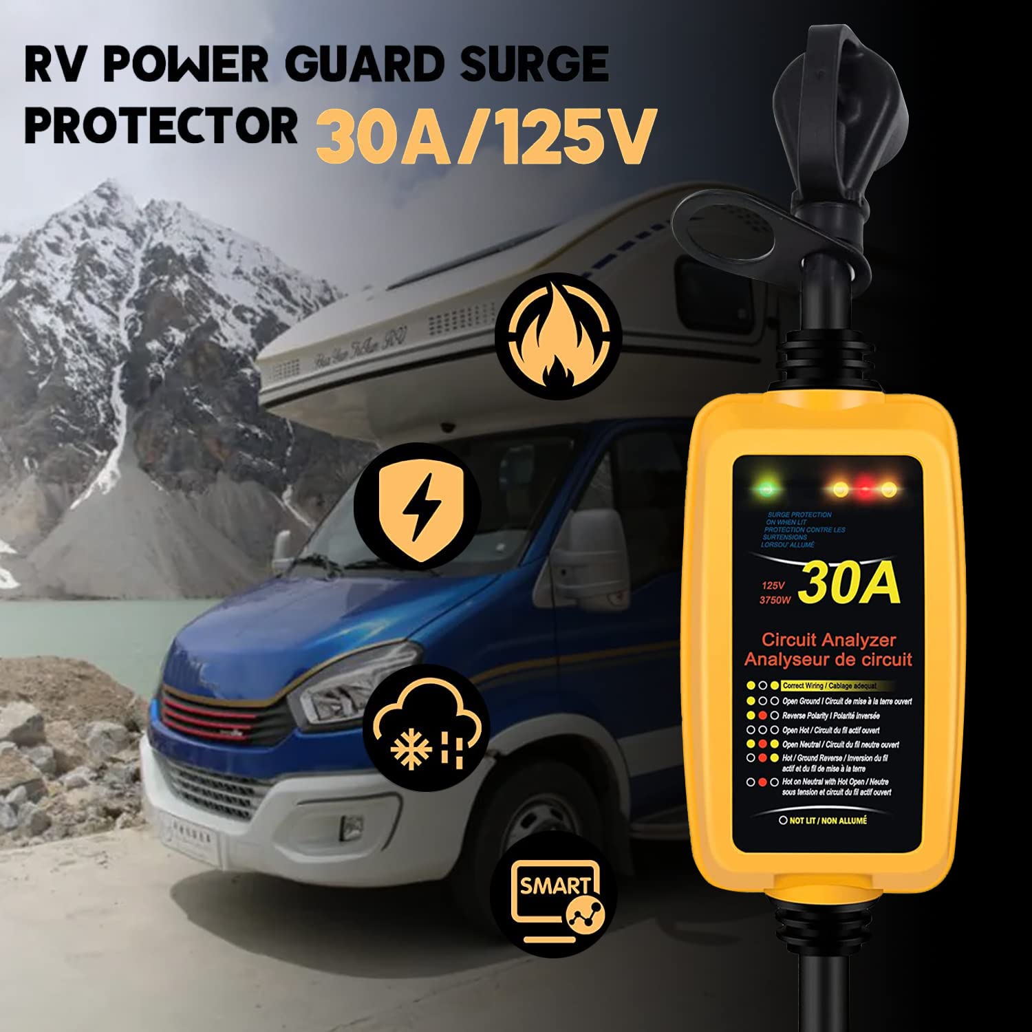 Aspligo-RV Surge Protector 30 Amp Nema TT-30P Male TT-30R Female, RV Smart Circuit Analyzer,RV Power Voltage Protector, Surge Protection Adapter