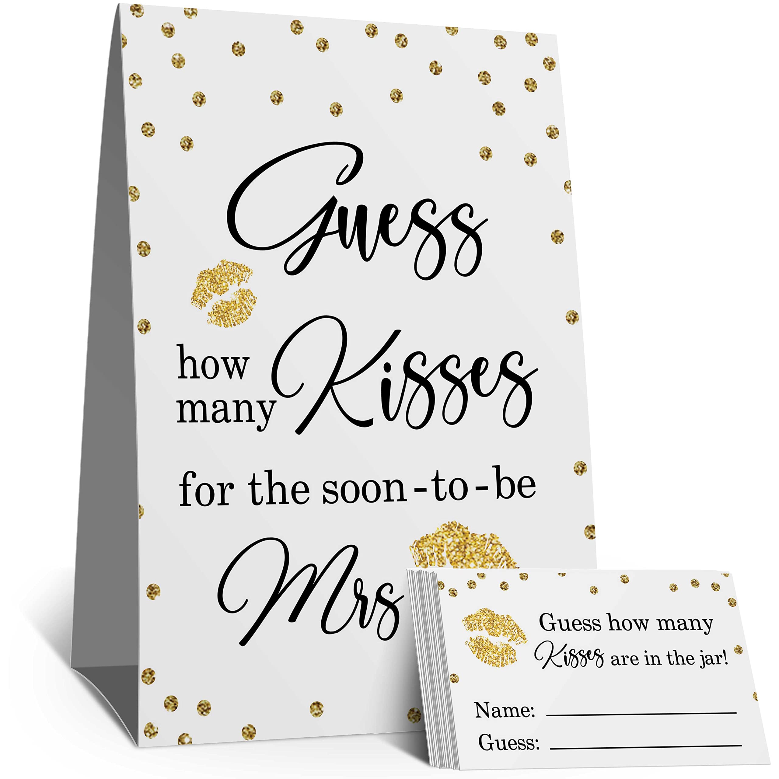 Bridal Shower Game Sign and Cards, Golden Watercolor kisses Bridal Shower Party，How Many Kisses for the Soon to be Mrs，Golden Wedding Engagement Decorations(1 Sign+50 Cards)