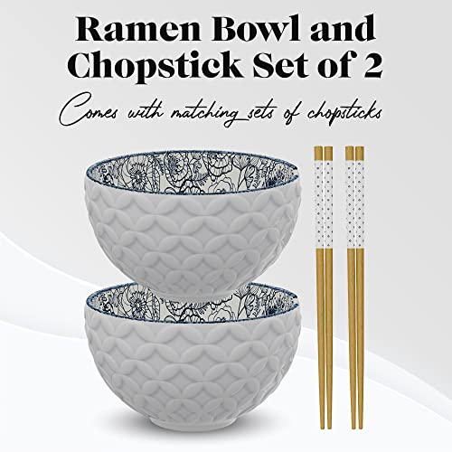 American Atelier Ramen Bowl with Chopsticks | Set of 2 | Soup Bowls for Kitchen | Udon Noodle Bowls with Chopsticks | Stoneware Soup Bowl | 6" Diameter (21 Oz) - Blue Floral Print