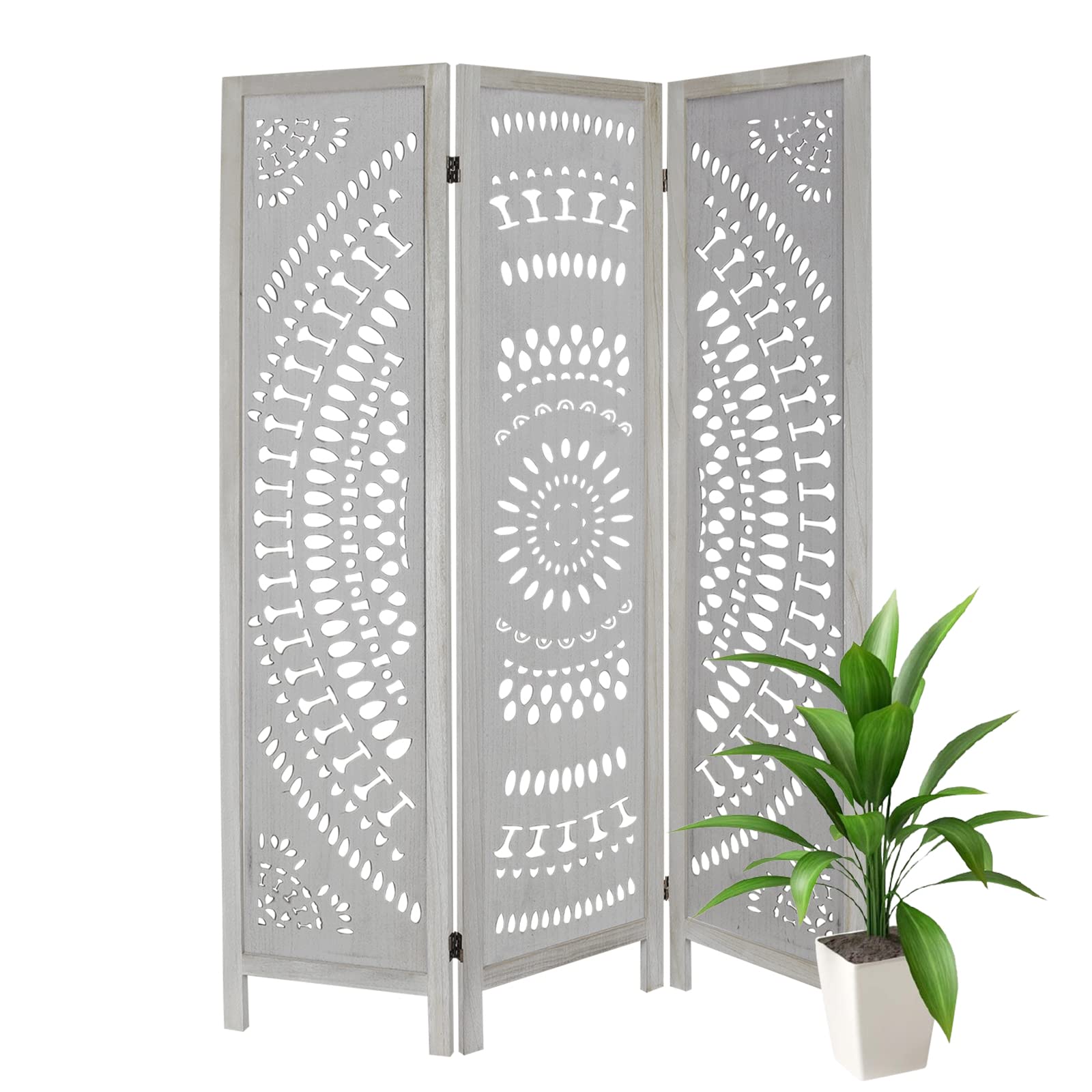 ECOMEX 4 Panel Cutout Room Divider Fully Assembled 5.6Ft Wooden Room Divider and Folding Screens, Carved Room Divider Screen Wall Partition for Home Office Restaurant Bedroom, Natural Brown
