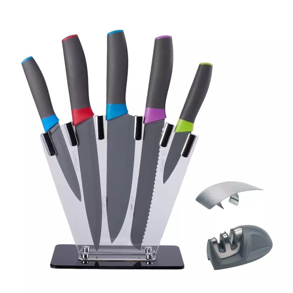 ADBI's Professional Chef Knife Set 5 Pieces, Includes 5 Stainless Steel Knives with Acrylic Holder Sharpener and Finger Guard