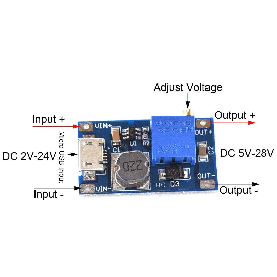 SDTC Tech 5pcs DC-DC Boost Converter 2V-24V to 5V-28V 2A Adjustable Voltage Regulator Micro USB 5V 9V 12V 24V Step Up Power Supply Module
