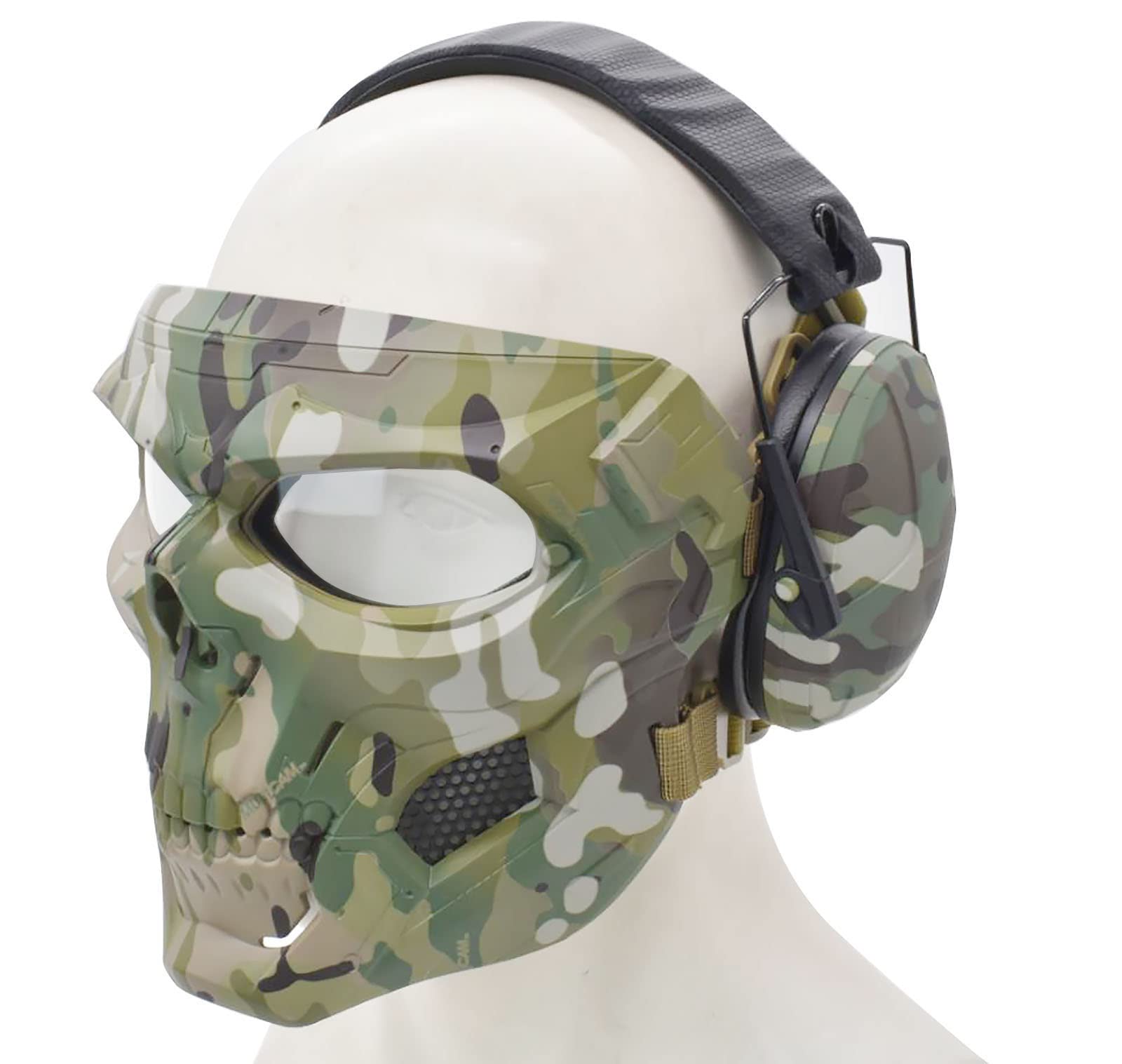 Airsoft Mask & Earmuffs Ear Hearing Protection Headphones Shooting Ear Protection Ear Muffs Full Face Skull Mask Clear Goggle (Camo)
