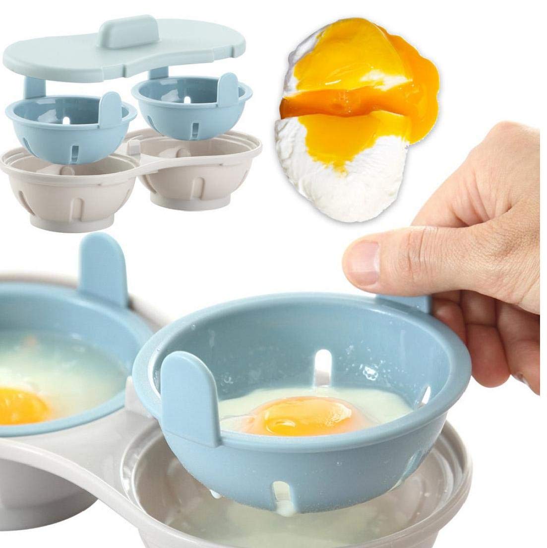 AMOYER 1pc 2 Cavity Egg Poacher Safety Microwave Double Egg Poaching Cups Ware Easy Breakfast Set Egg Cooking with Cover for Oven Stovetop Steamer