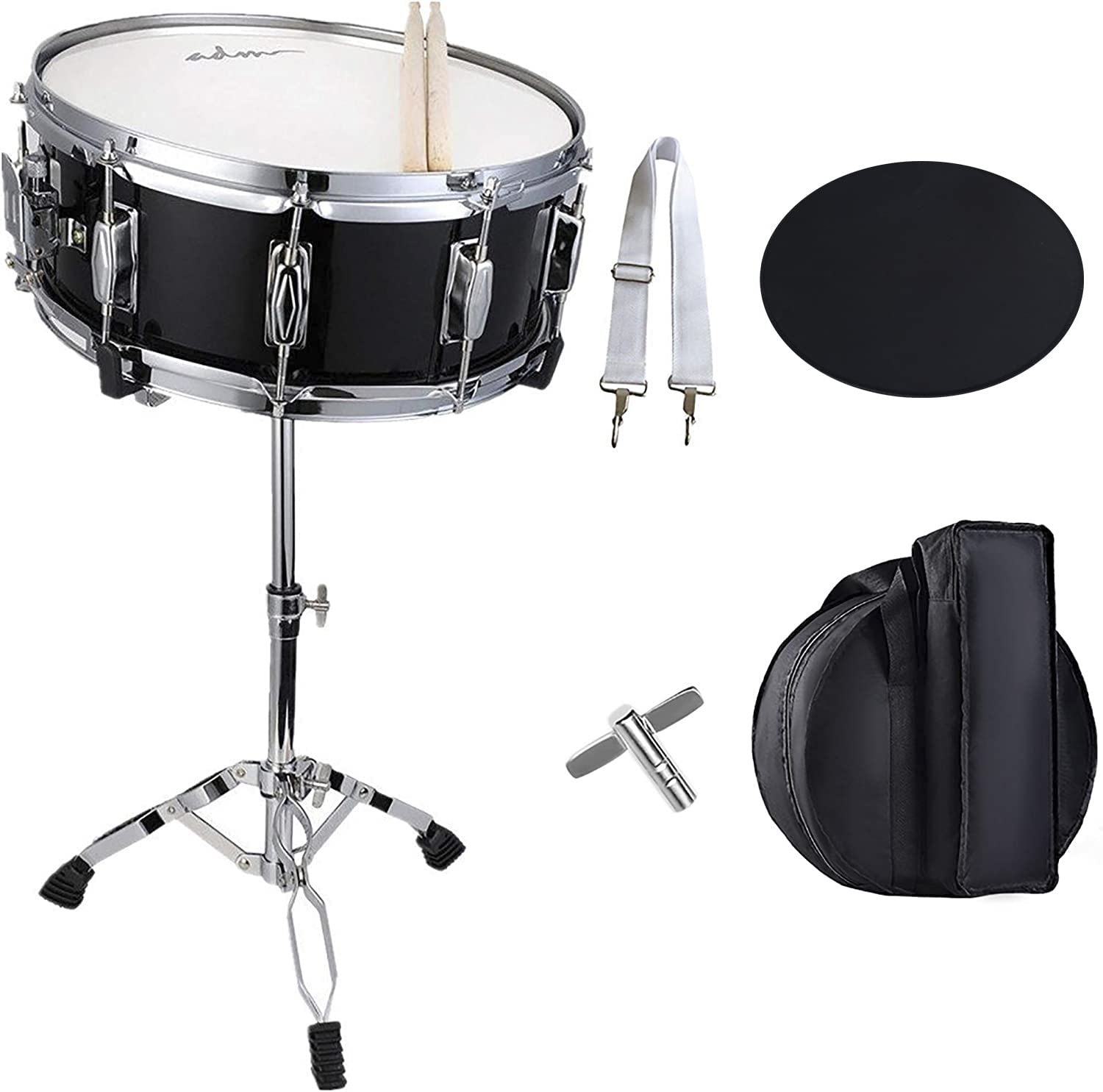 ADM 14"X 5.5" Snare Drum Set, Kids Student Snare Drum Beginner Kit with Stand, Drum Mute Pad, Strap, Drum Sticks, Drum Keys, Black