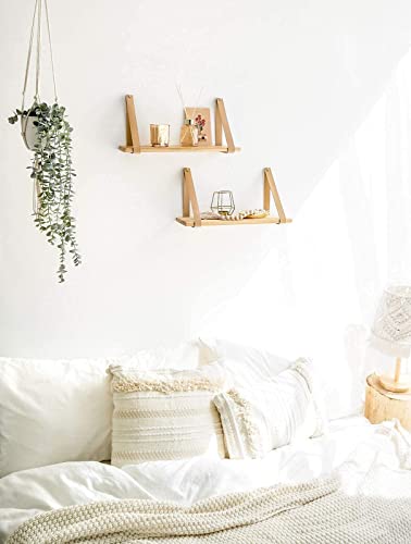 Mkono 4PCS Set - Hanging Shelf Wall Wood Floating Storage Shelves Leather Strap Swing Organizer Set of 2, and Macrame Storage Baskets for Baby Nursery Room Decor