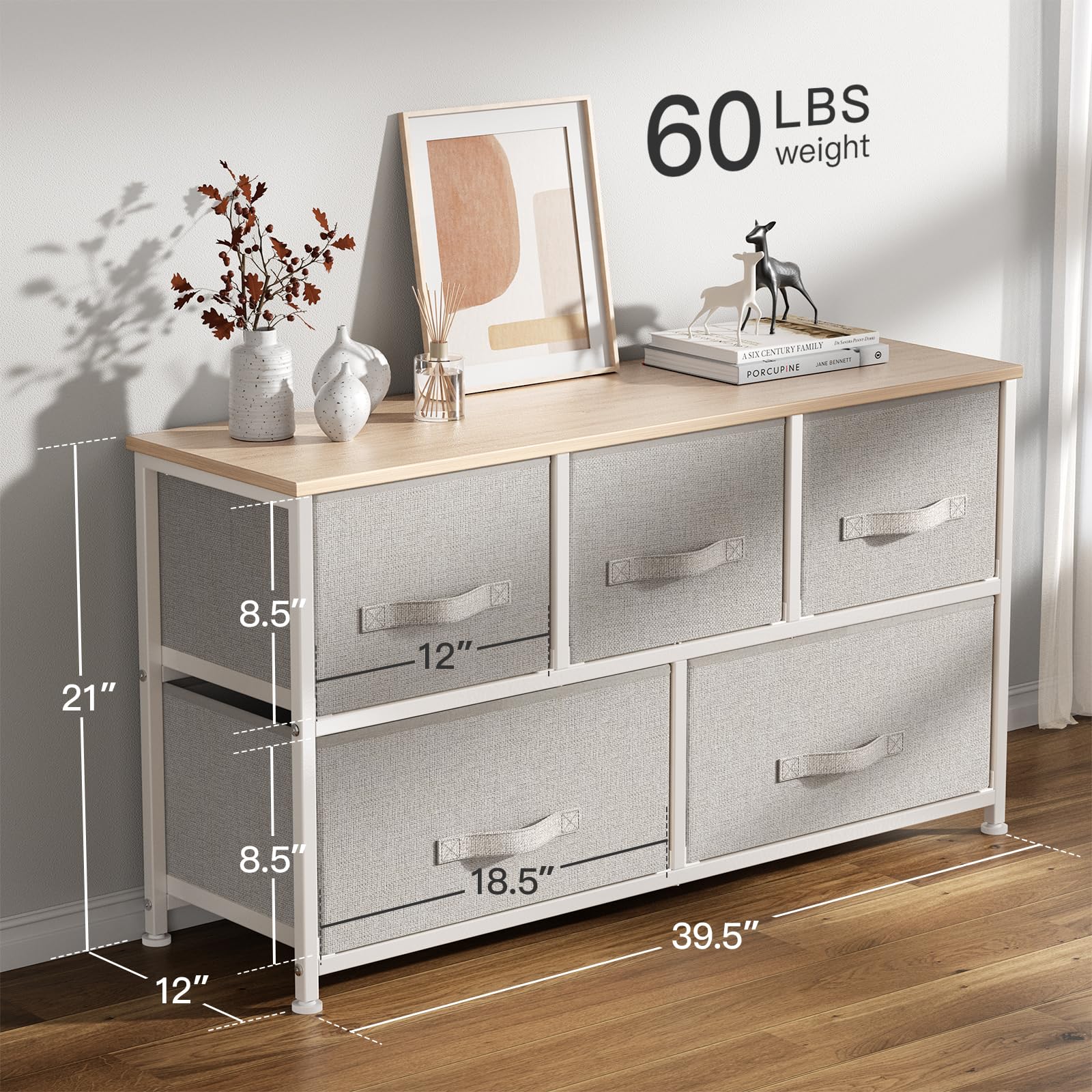 Pipishell Fabric Dresser, Dresser for Bedroom with 5 Drawers, Wide Dresser Storage Tower Organizer Unit with Wood Top and Easy Pull Handle for Closets, Living Room, Nursery Room, Hallway(Light Grey)