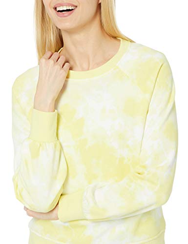 Amazon Essentials Women's Classic-Fit Gathered Long-Sleeve Crewneck Sweatshirt, Yellow Tie Dye, Small