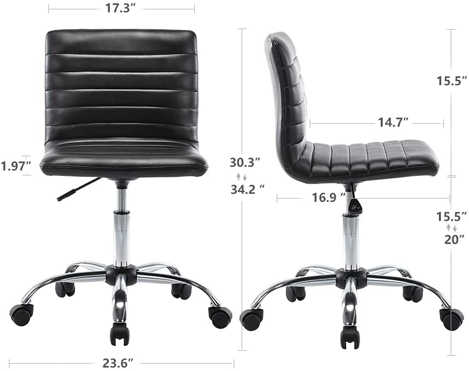 MCQ Armless Ribbed Home Desk Wheels, Faux Leather Office Adjustable Task, Mid Back Swivel Computer Chair, Jet Black